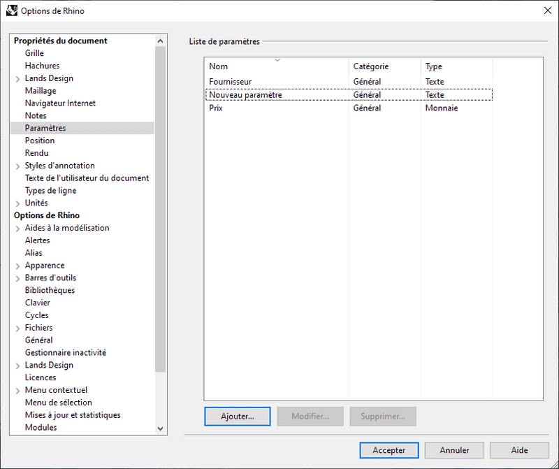 Paramètres | Lands Design help